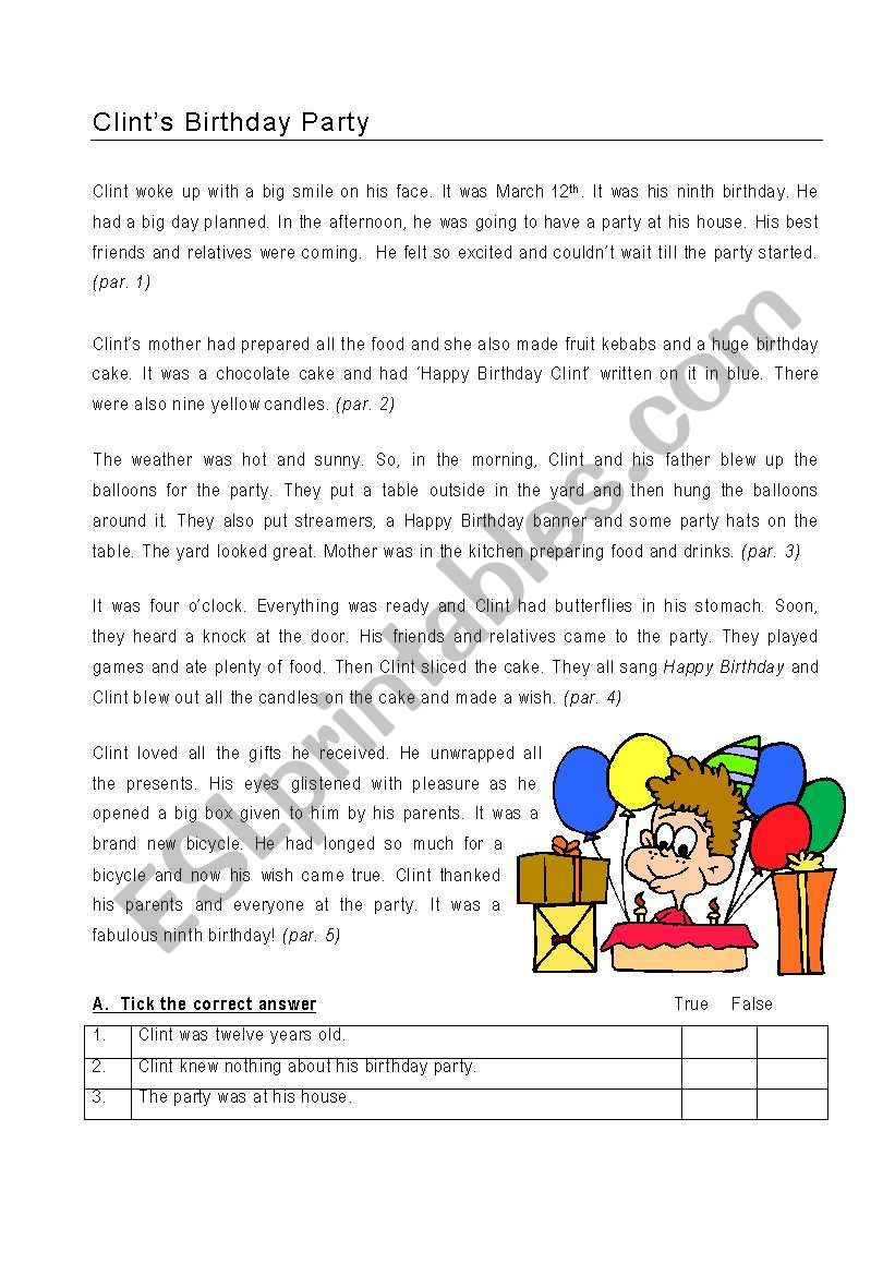 ClintÂ´s Birthday Party - ESL worksheet by gerellul
