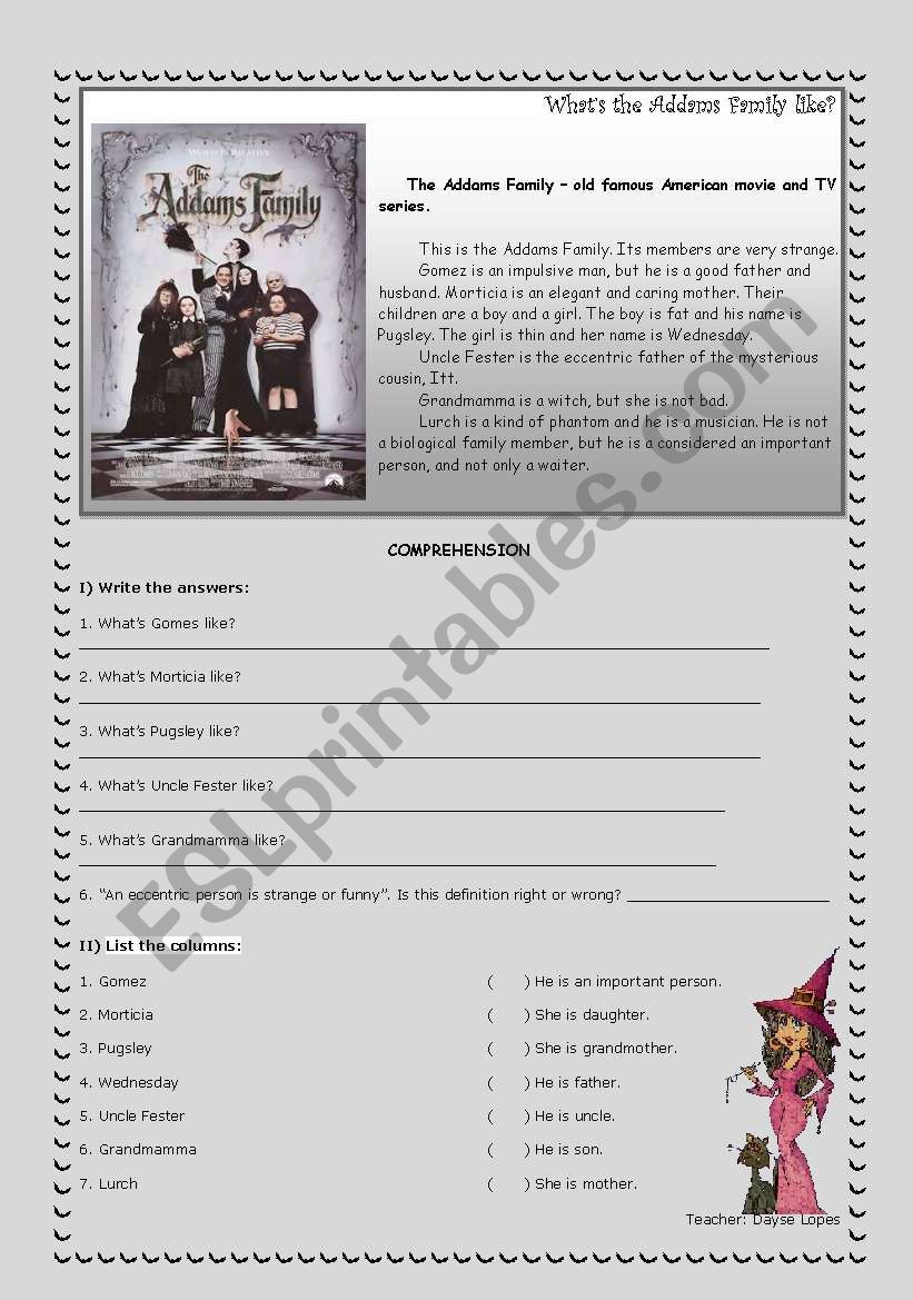 What´s the Addams Family like? - ESL worksheet by dayselopes
