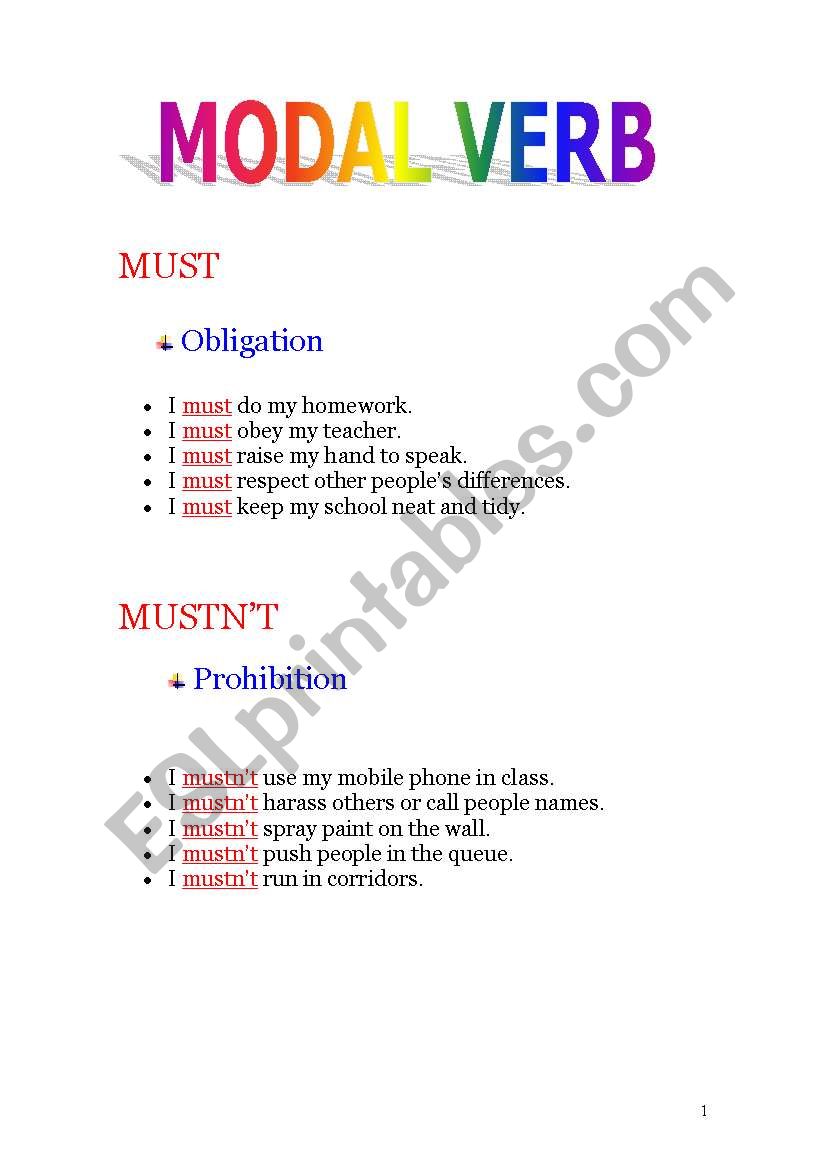 English worksheets: modal must/mustn´t