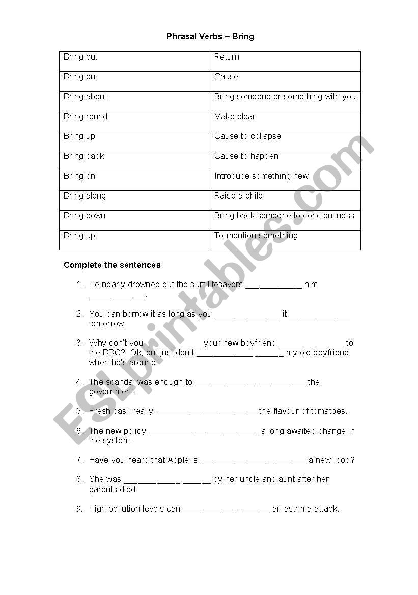 Phrasal Verbs with ´Bring´ - ESL worksheet by selc