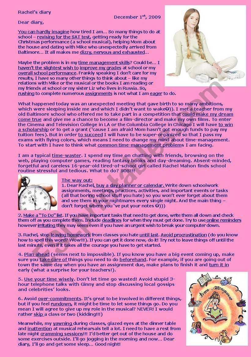 RachelÂ´s Diary - Time Management - ESL worksheet by Alisunya