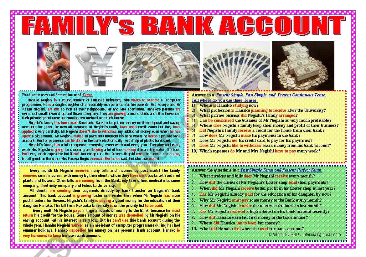 Family´s Bank Account: Story and Questions - ESL worksheet by zemi-san