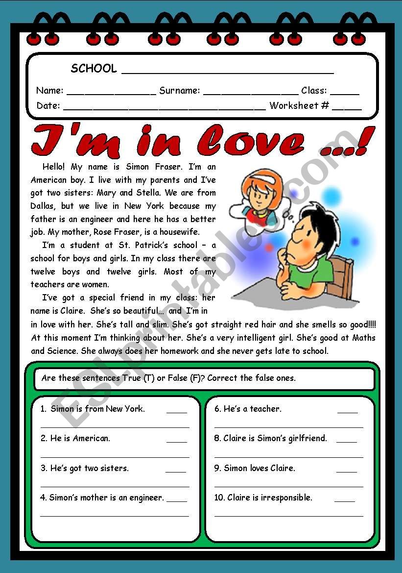 IÂ´M IN LOVE ( 2 PAGES ) - ESL worksheet by evelinamaria