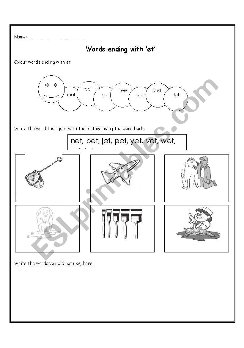 English worksheets: Teaching words ending with ´et´