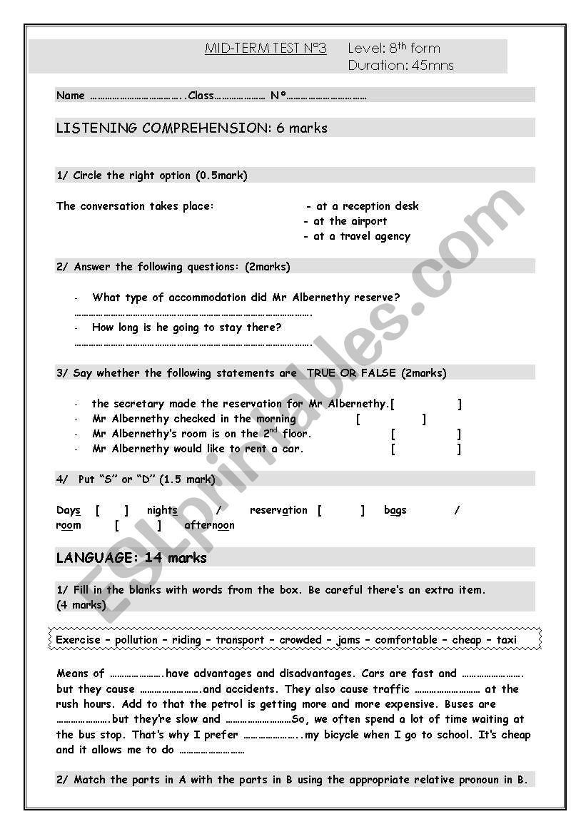 mid-term test n°3 (8th form) - ESL worksheet by sa3ida
