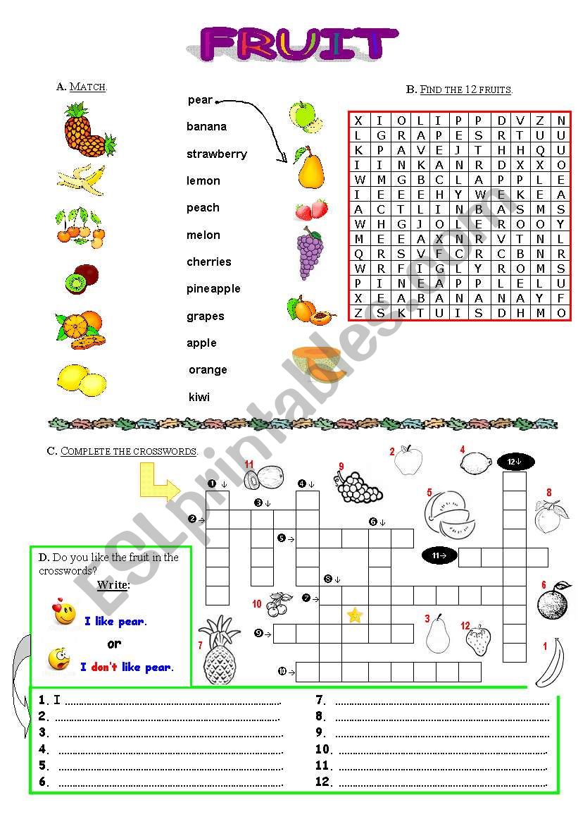 Fruit - I like... I don´t like... - ESL worksheet by Nina Pizzo