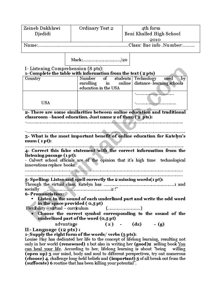 Ordinary test n° 2 for the 4 th form - ESL worksheet by jedzed