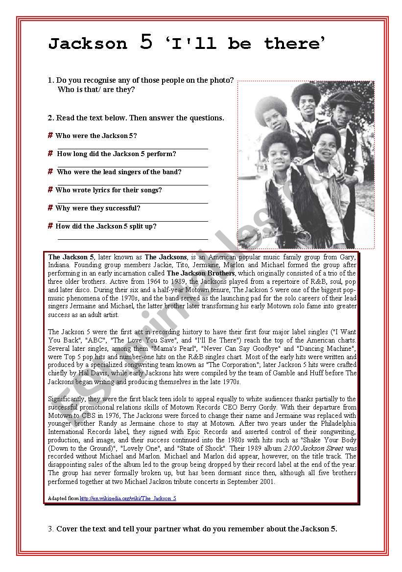the Jackson 5 ´I´ll be there´ - ESL worksheet by pawag