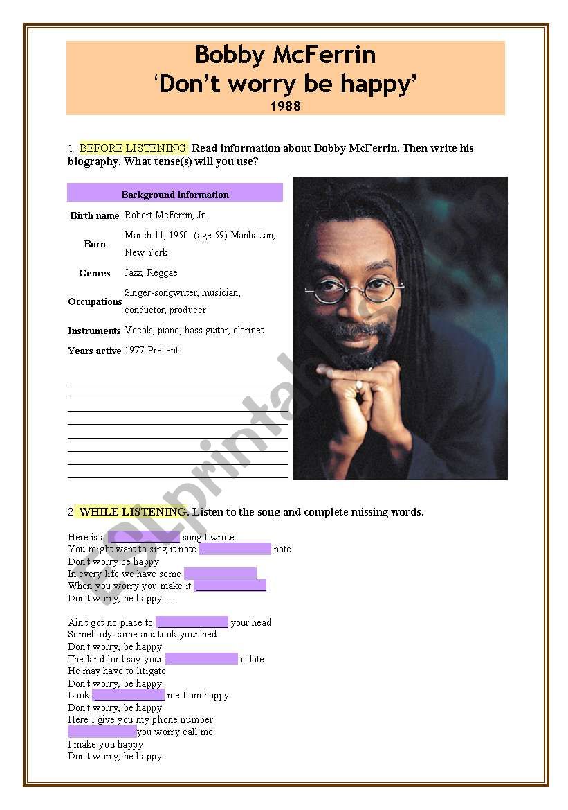 Bobby McFerrin ´Don´t worry be happy´ - ESL worksheet by pawag
