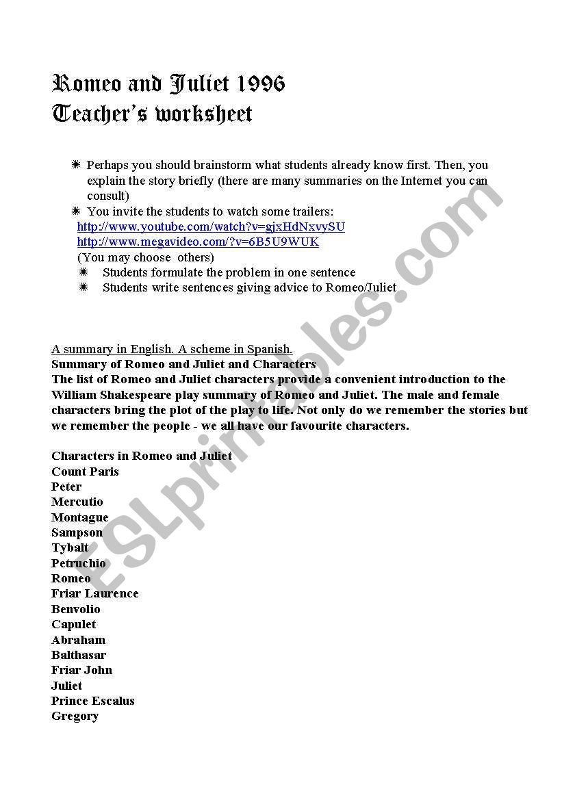 Romeo and Juliet 1996 Teacher´s ws - ESL worksheet by carinita
