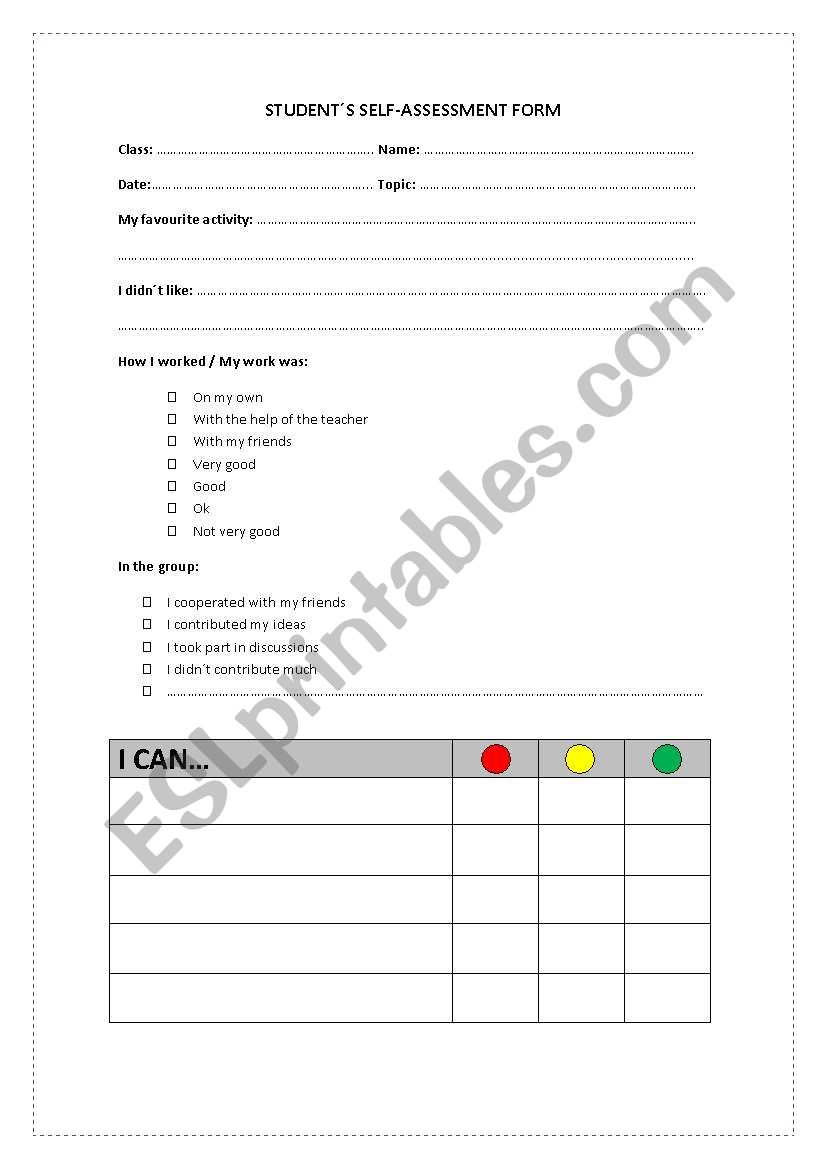 Student Self Assessment Chart