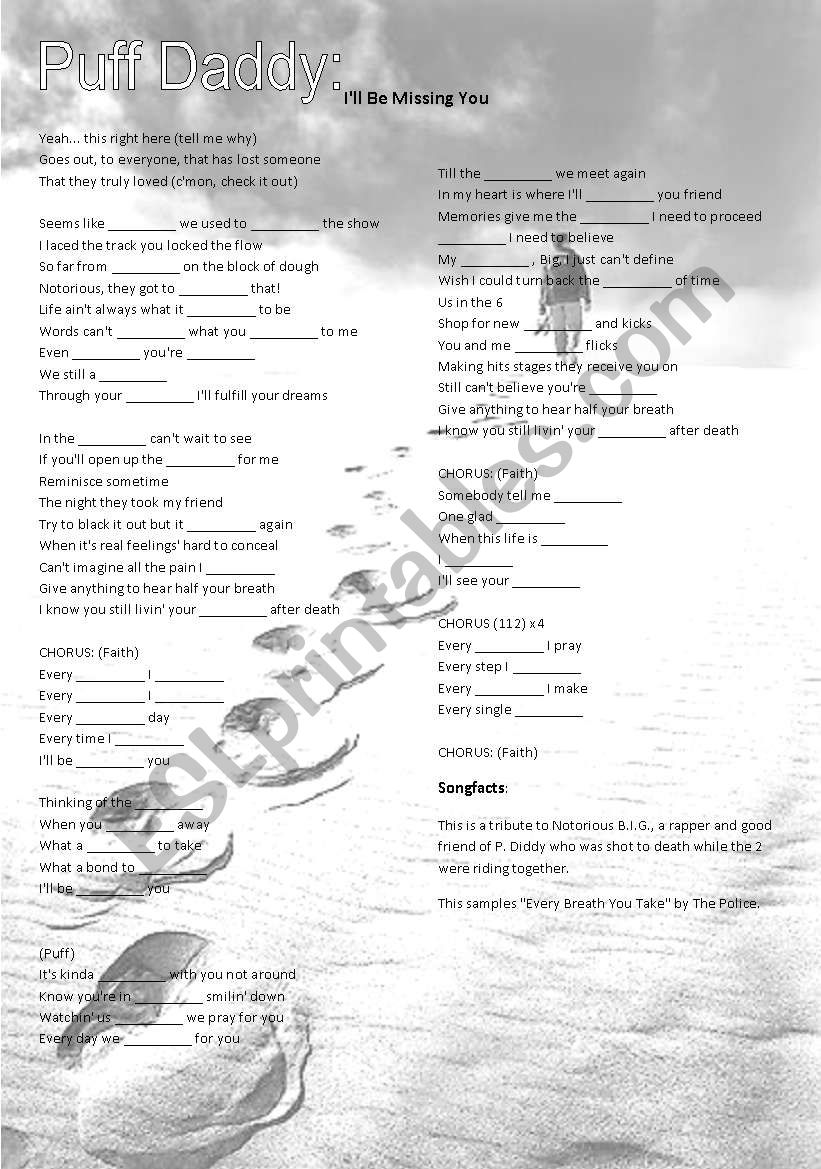 Puff Daddy - I´ll be missing you - ESL worksheet by silvia28