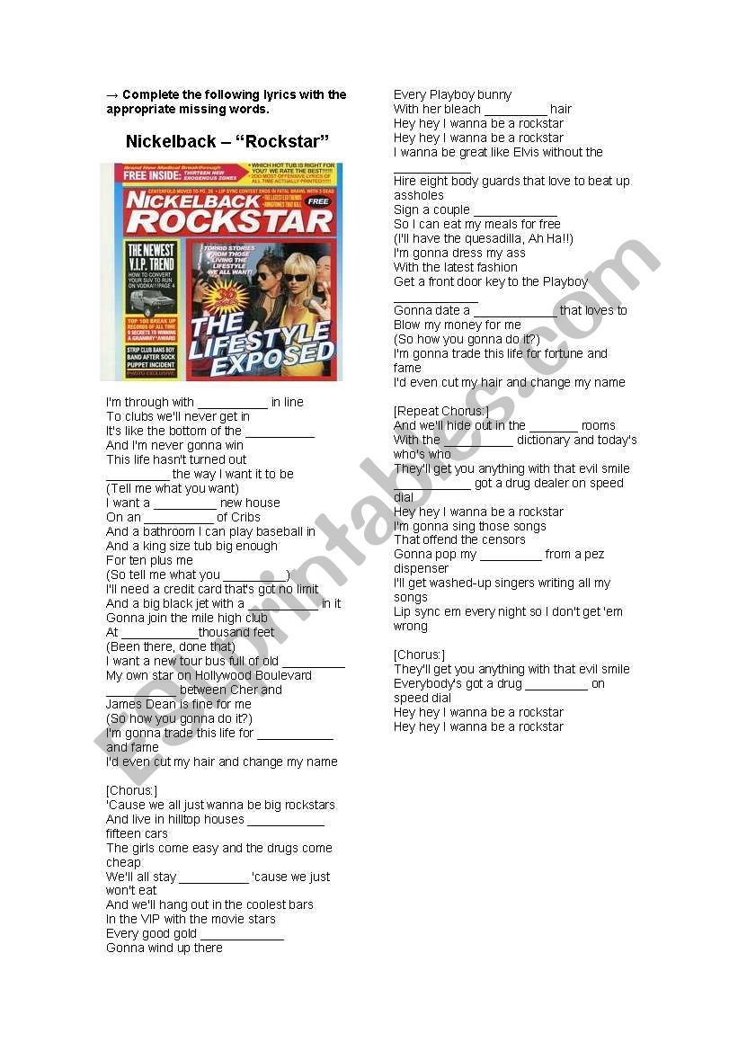 Nickelback´s Rockstar - Fill in the blanks - ESL worksheet by malluiza