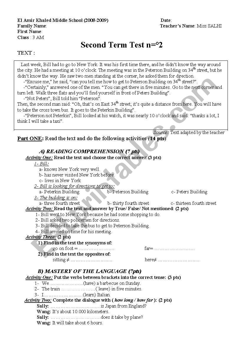 Second Term, test n=°2 (Level 3 - Middle School) - ESL worksheet by reira17