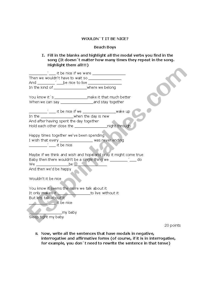 English worksheets: Modals: Beach Boys´ fill in the blanks song