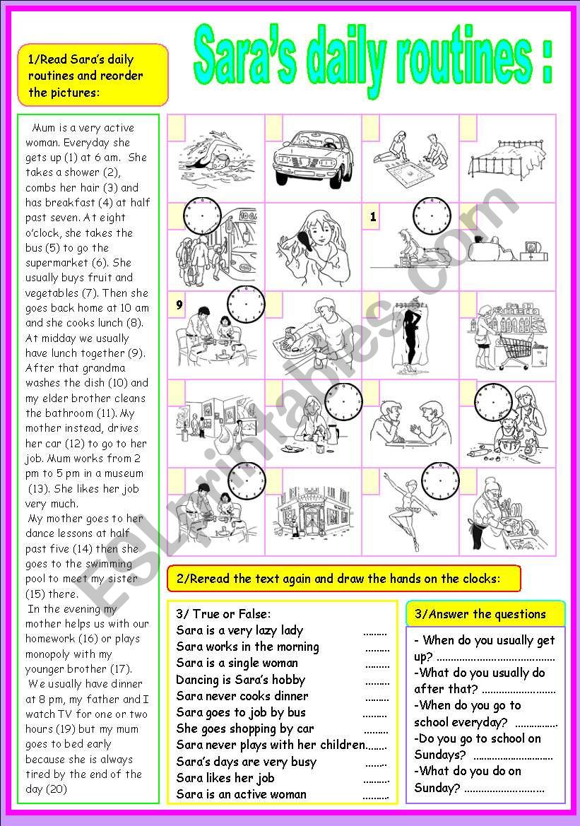 sara´s daily routines - ESL worksheet by ben 10