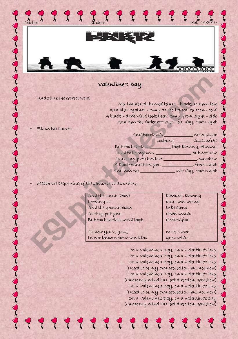 Song : Valentine´s day by Linkin Park - ESL worksheet by diannita