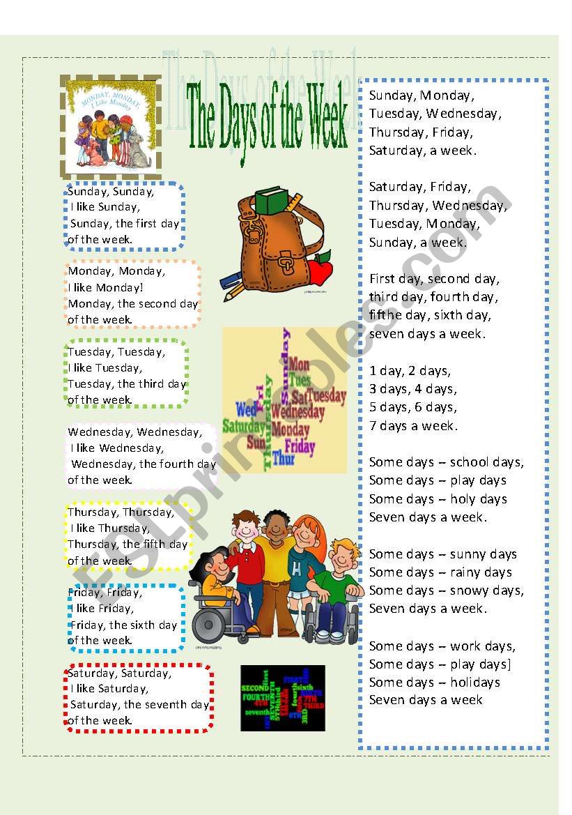 Exercises for Bill Martin, Jr´s Picturebook Poem Monday, Monday I like ...