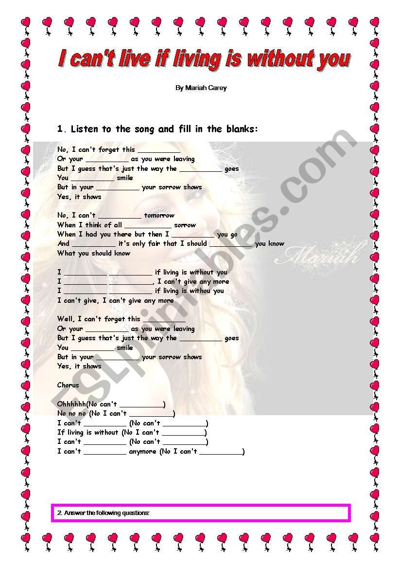 I can´t live if living is without you - Mariah Carey - ESL worksheet by ...