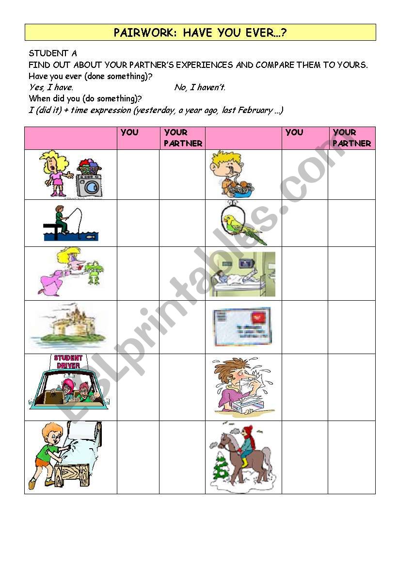 Pairwork: ´Have you ever...?´ - ESL worksheet by crisholm
