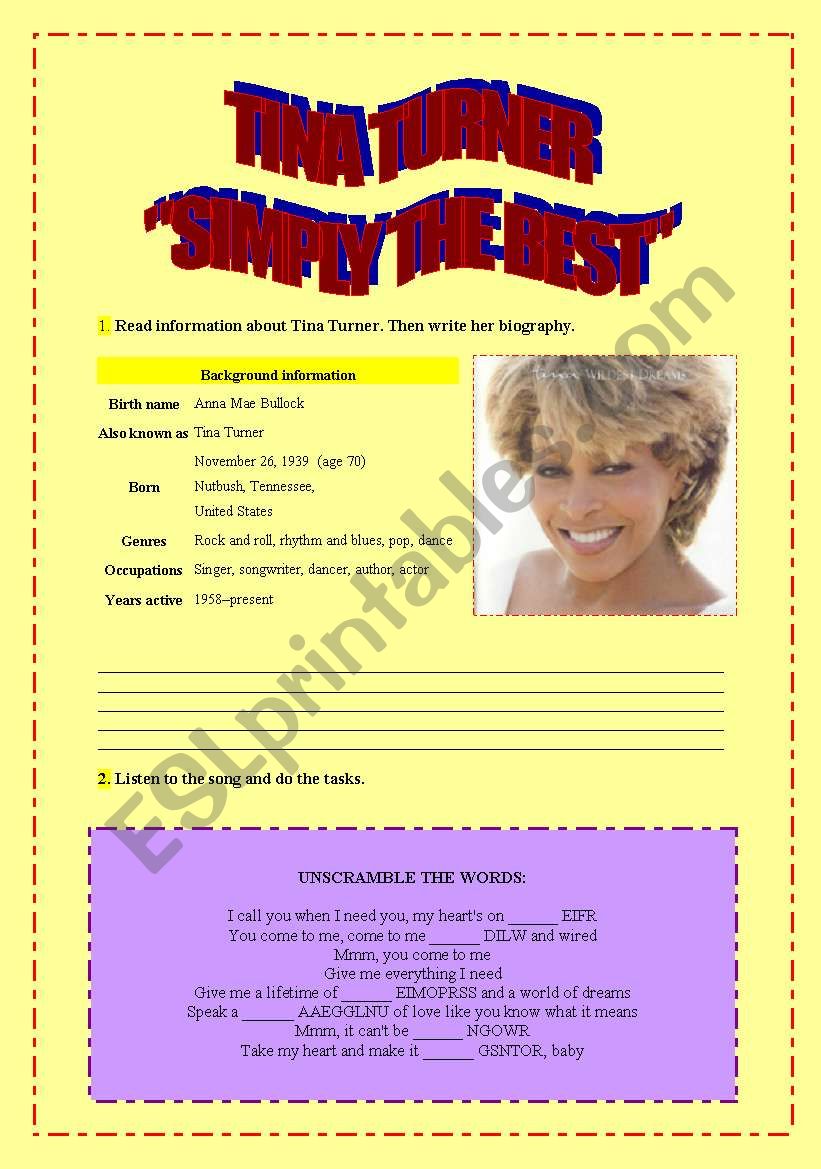 ´SIMPLY THE BEST´ TINA TURNER - ESL worksheet by pawag