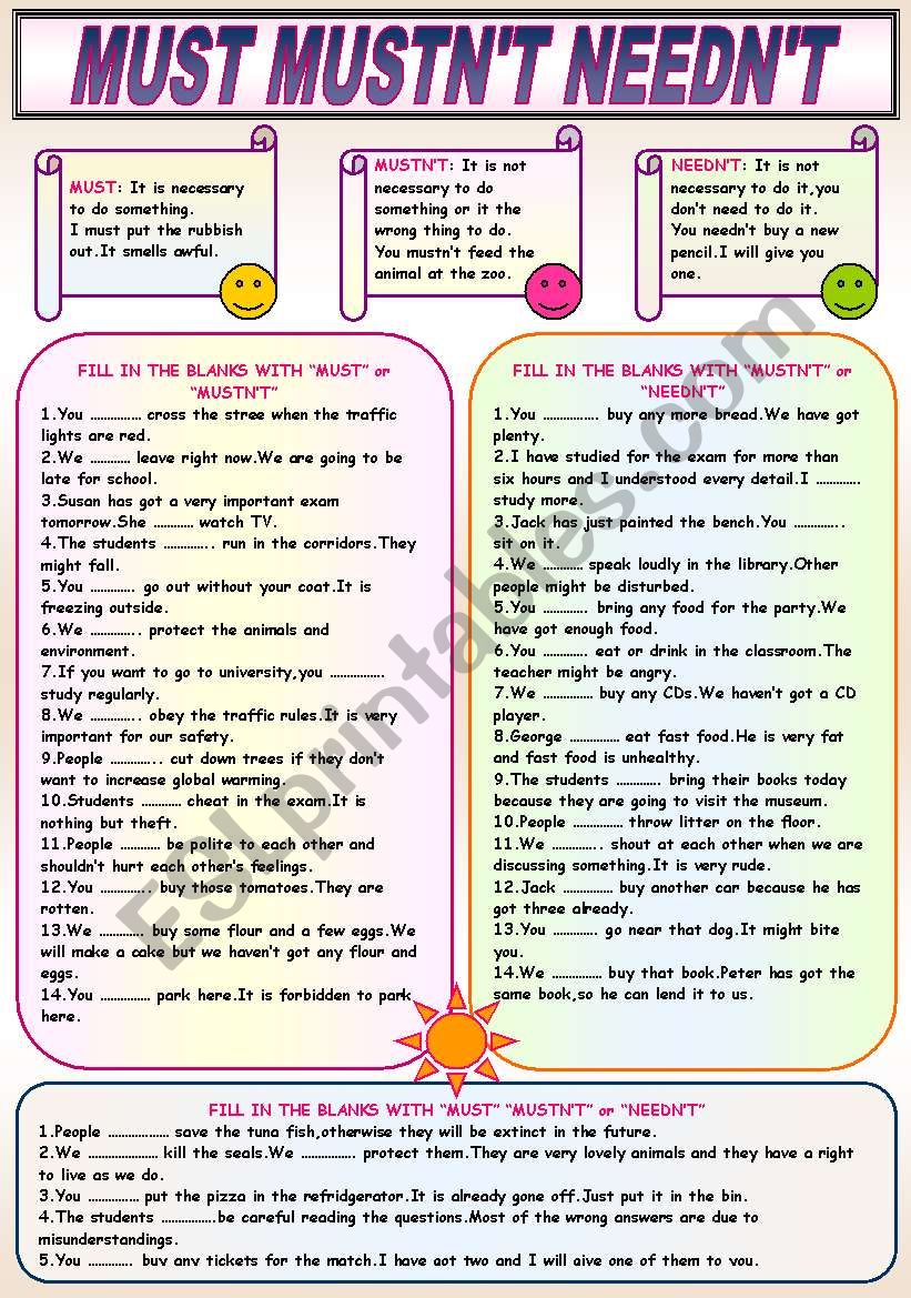 MUST MUSTN´T NEEDN´T - ESL worksheet by memthefirst MUST MUSTN´T NEEDN´T - ESL worksheet by memthefirst