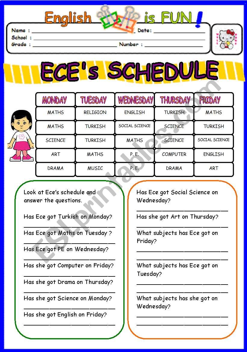 Ece´s Schedule - ESL worksheet by bburcu