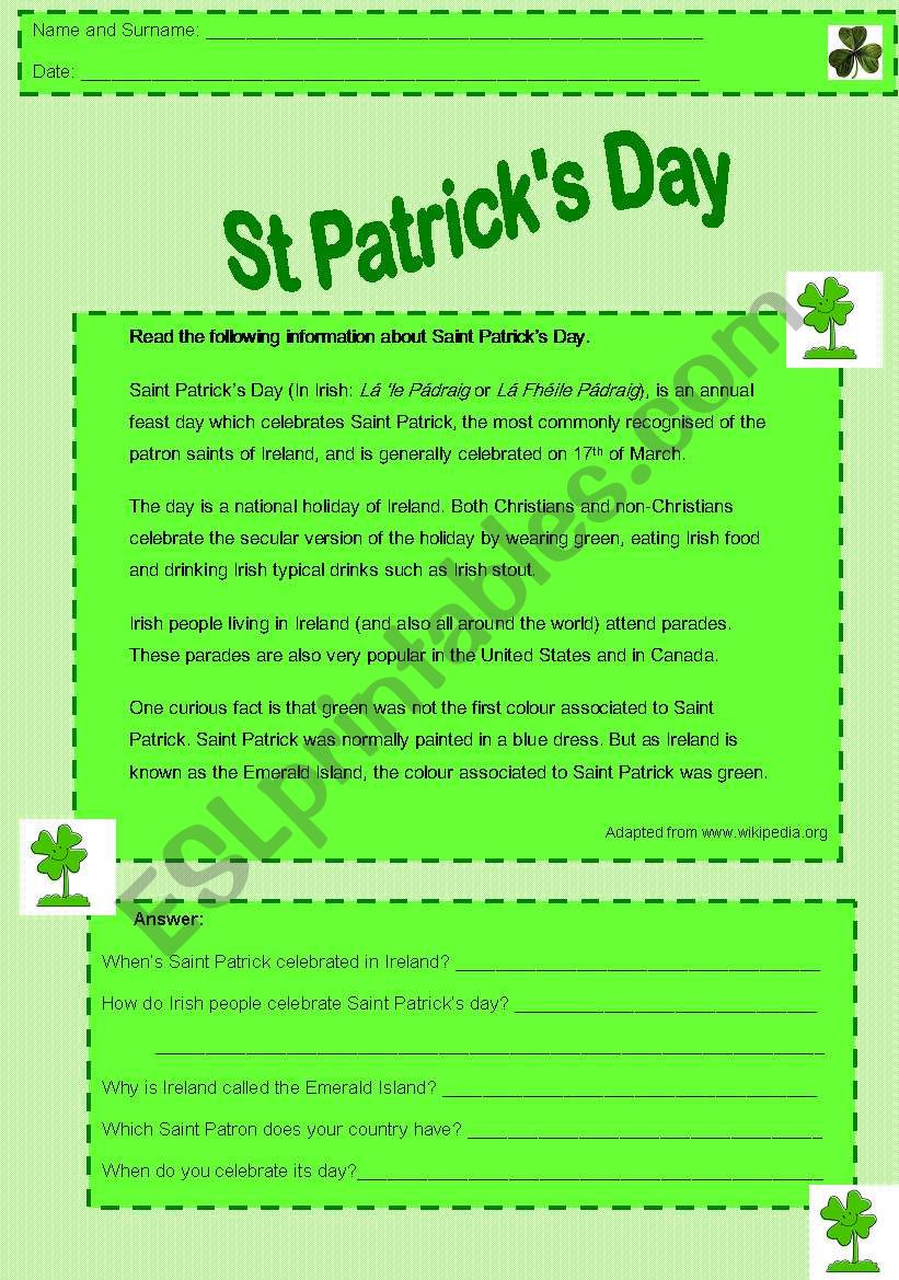 St Patrick´s Day - ESL worksheet by Mallerenga