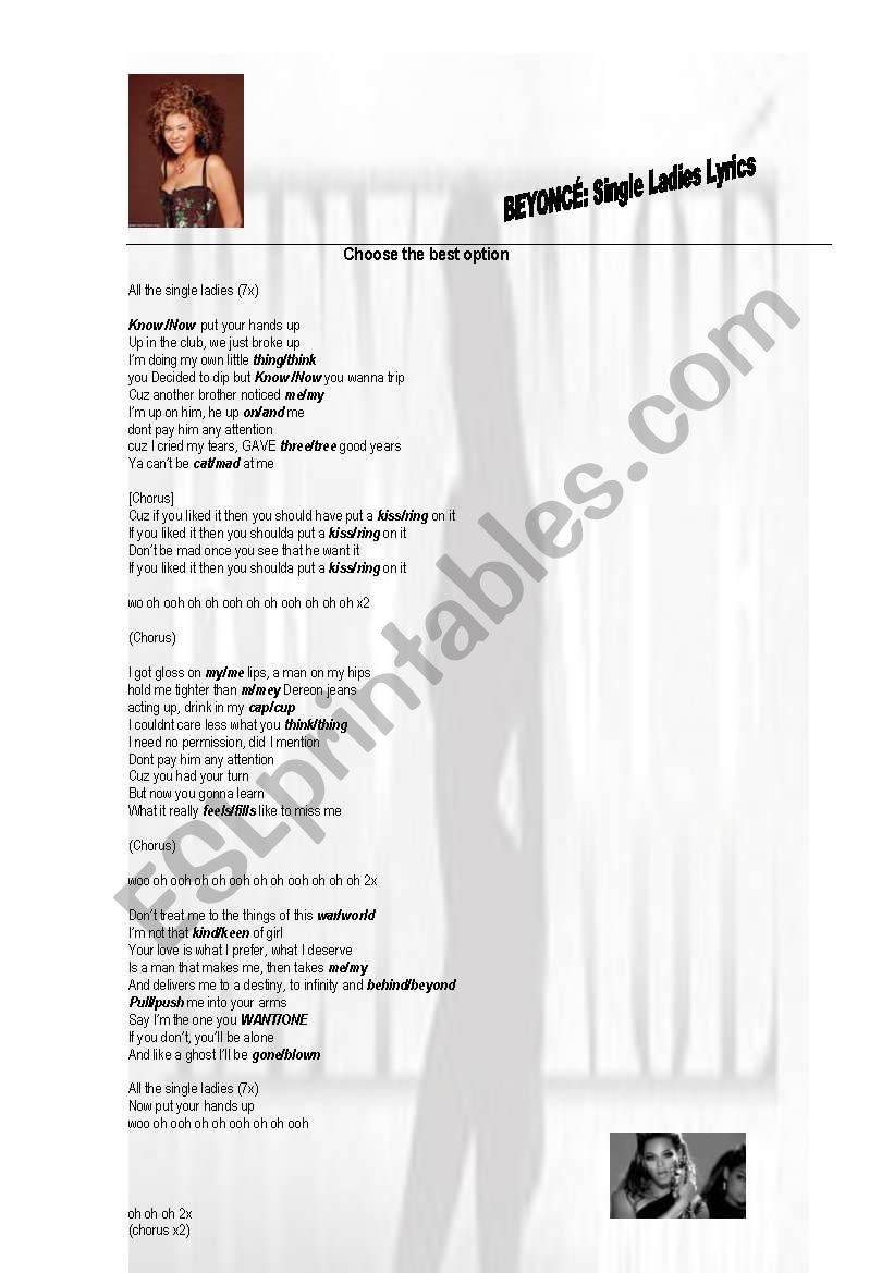 Song: Beyoncé : All single ladies (+ key) - ESL worksheet by vincentvan