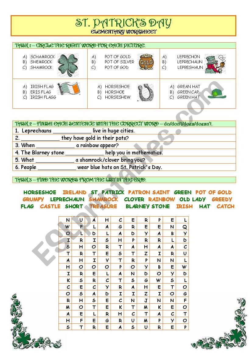 St. Patrick´s Day - elementary worksheet with key - ESL worksheet by ...