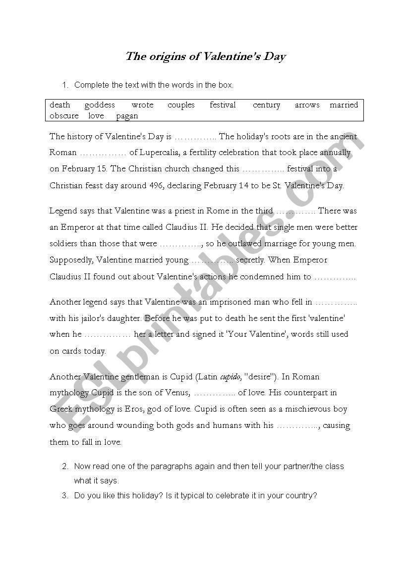 English worksheets: The origins of Valentine´s Day