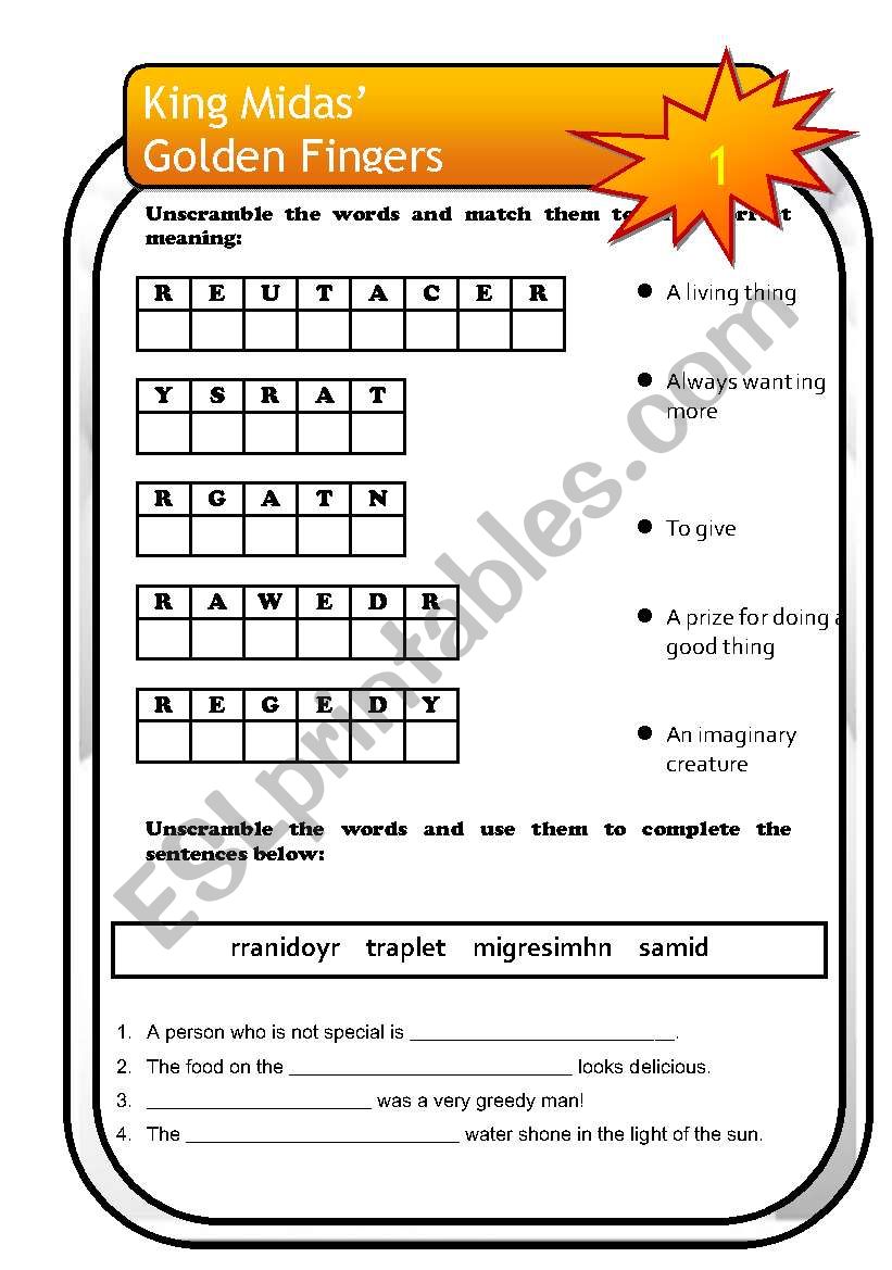 English worksheets: King Midas´ Golden Fingers: First Greek Myths VOCAB ...