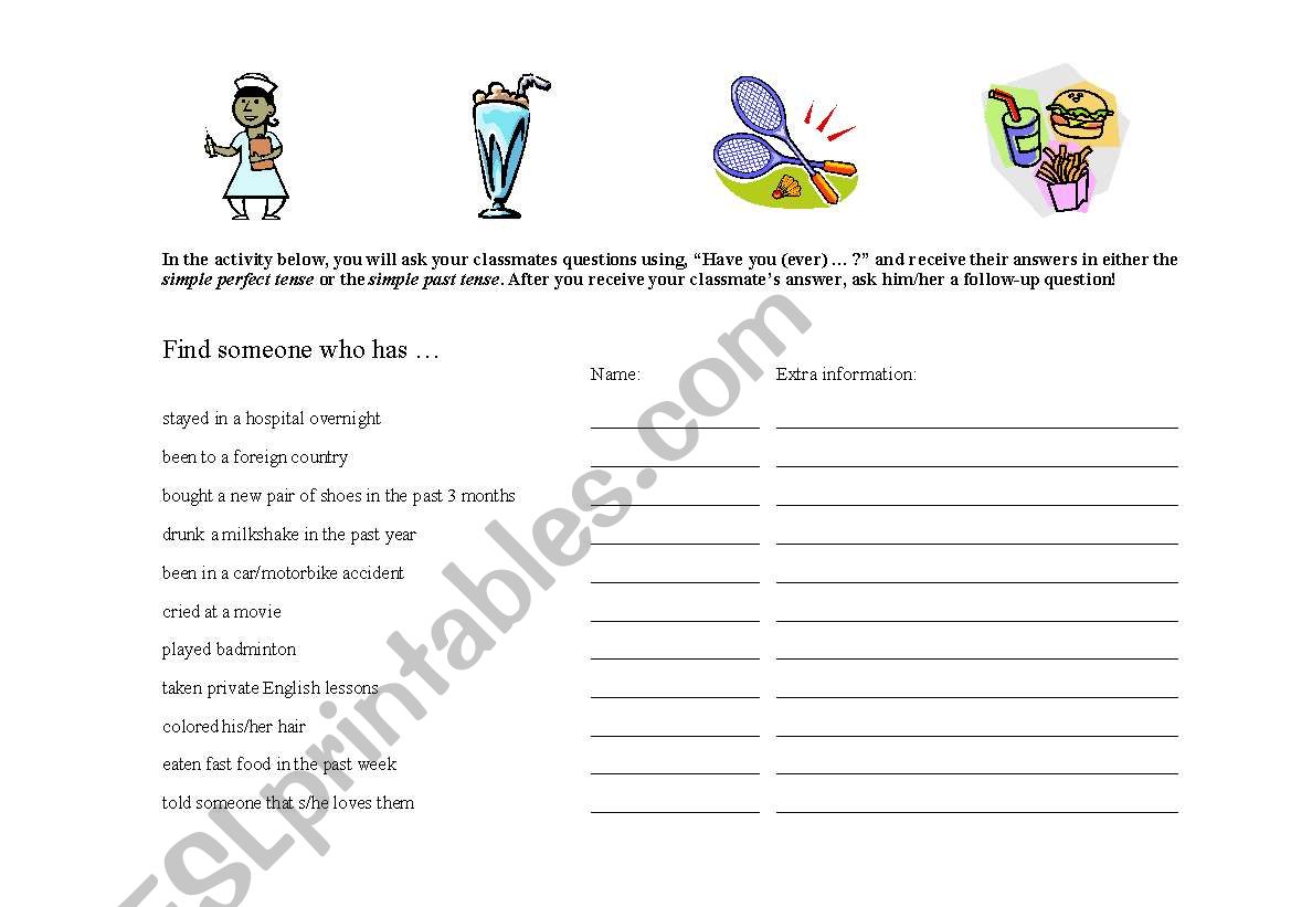 ´Find some who´ activity using the present perfect tense - ESL ...
