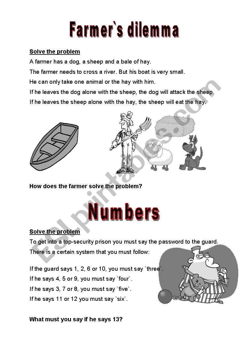 brainteaser: `farmer`s dilemma` and `numbers` with key - ESL worksheet ...