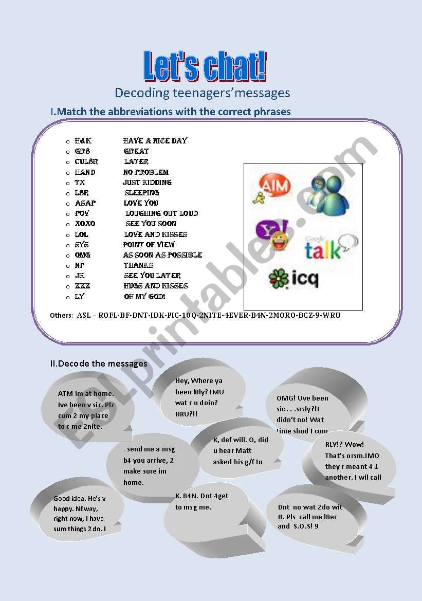 Let´s chat!-Messenger language! - ESL worksheet by alemar