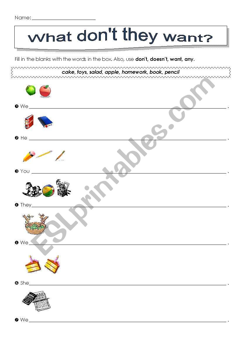 English worksheets: What don´t they want?