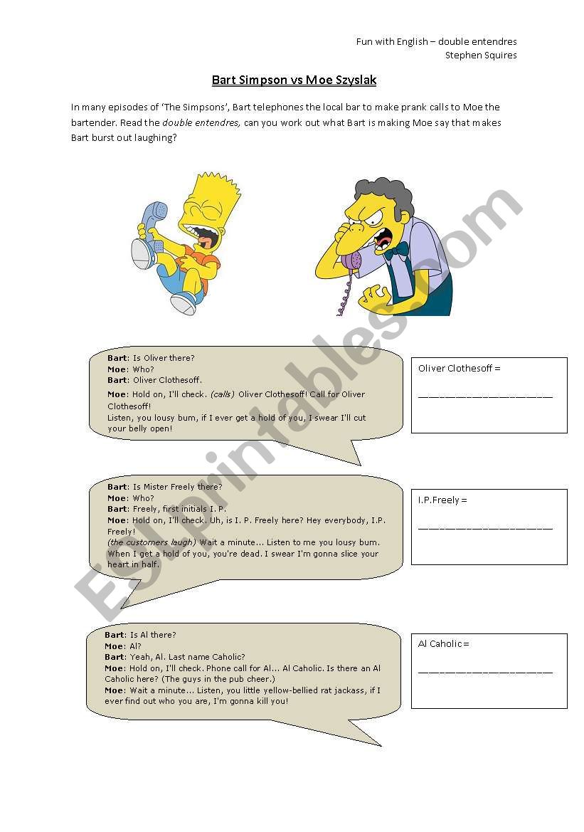 Bart Simpson´s prank/phoney calls - ESL worksheet by stephenjsquires88