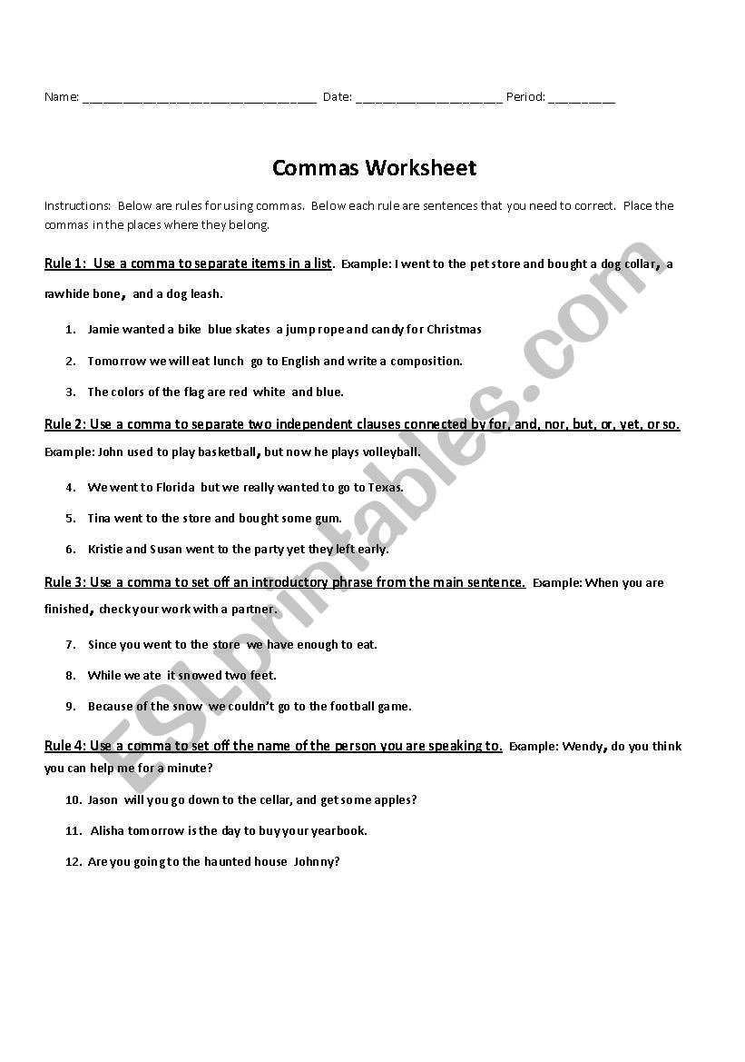 English worksheets: Rules for Comma´s Worksheet
