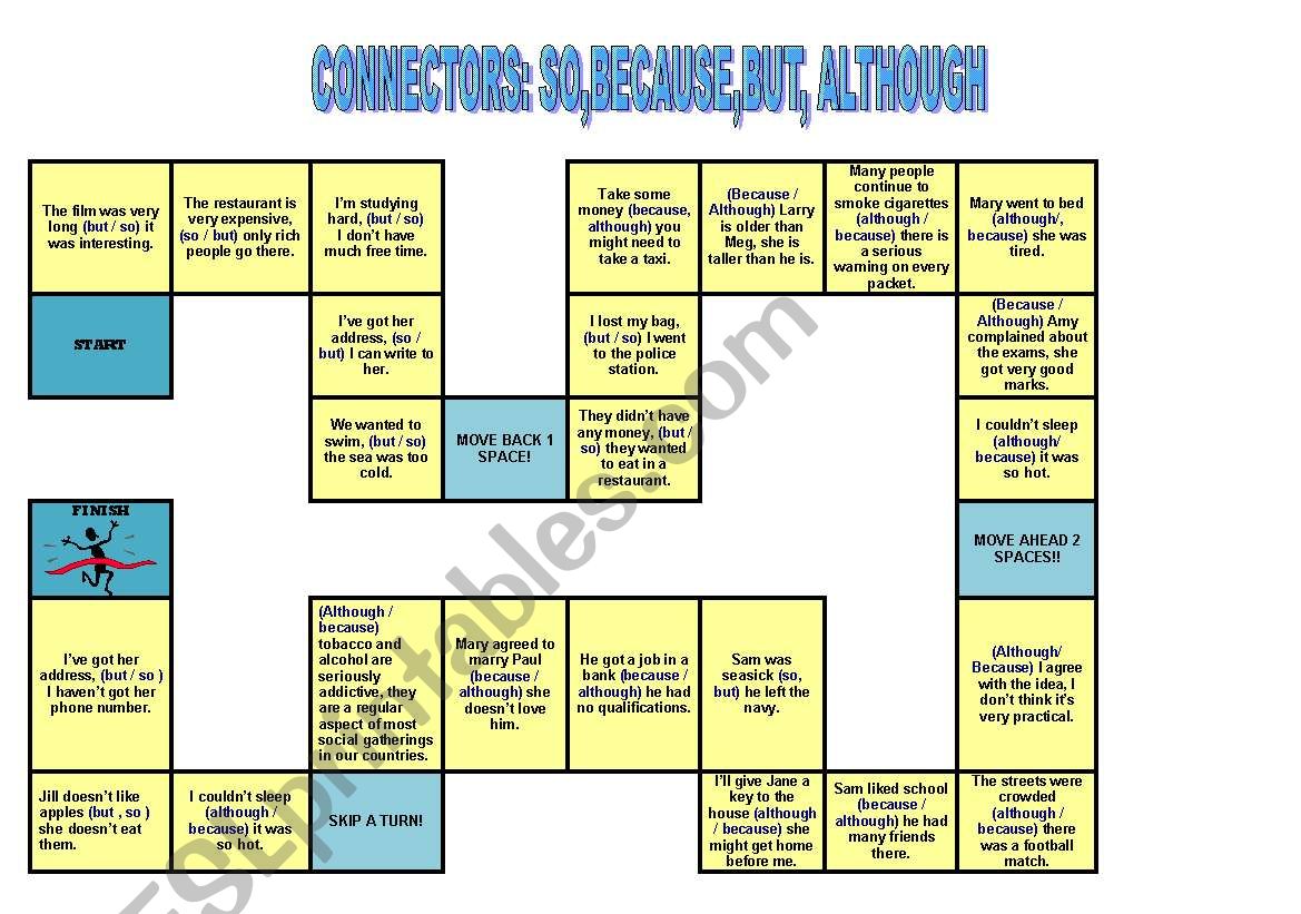 Connectors board game (so,because,but,although) - ESL worksheet by ... Connectors board game (so,because,but,although) - ESL worksheet by ...