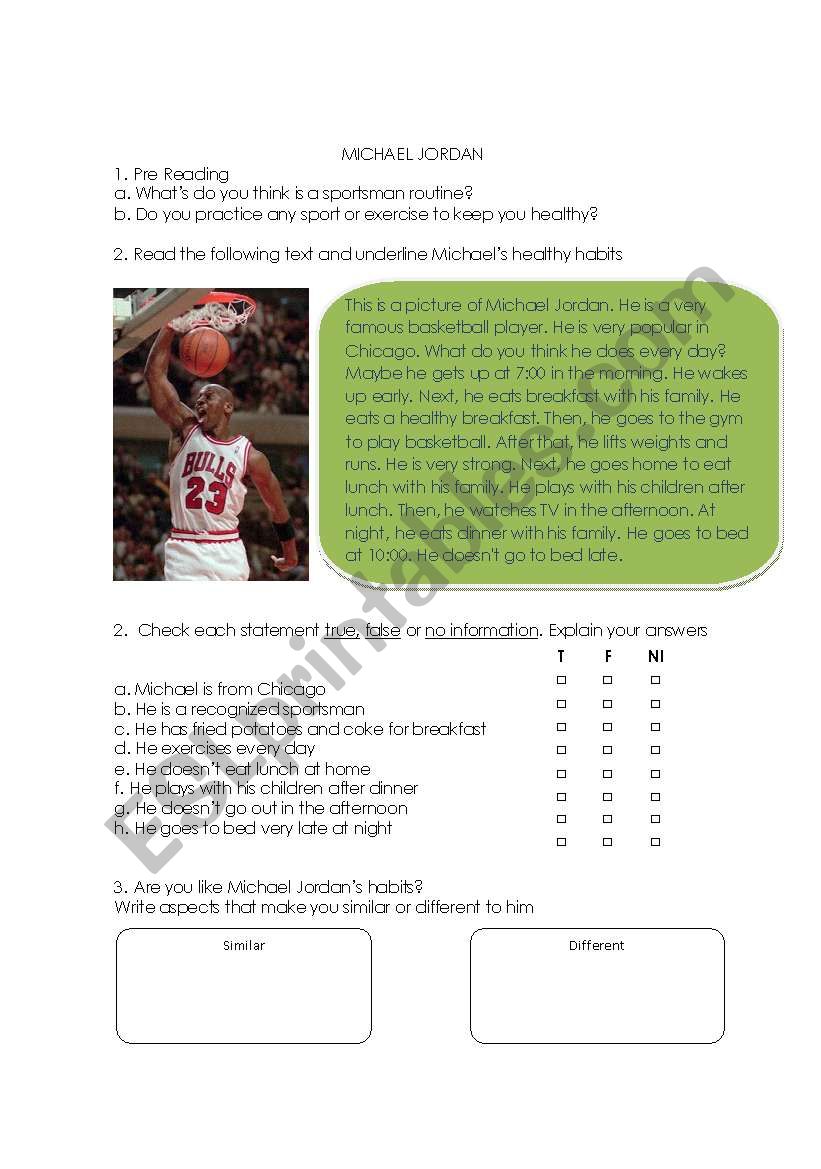 Michael Jordan´s daily routine - ESL worksheet by taniatinoco