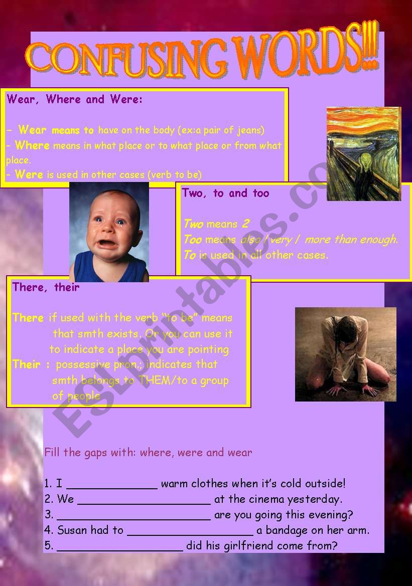 CONFUSING WORDS: there/their, Where/were/wear, Two/too/to ^^^ - ESL ...