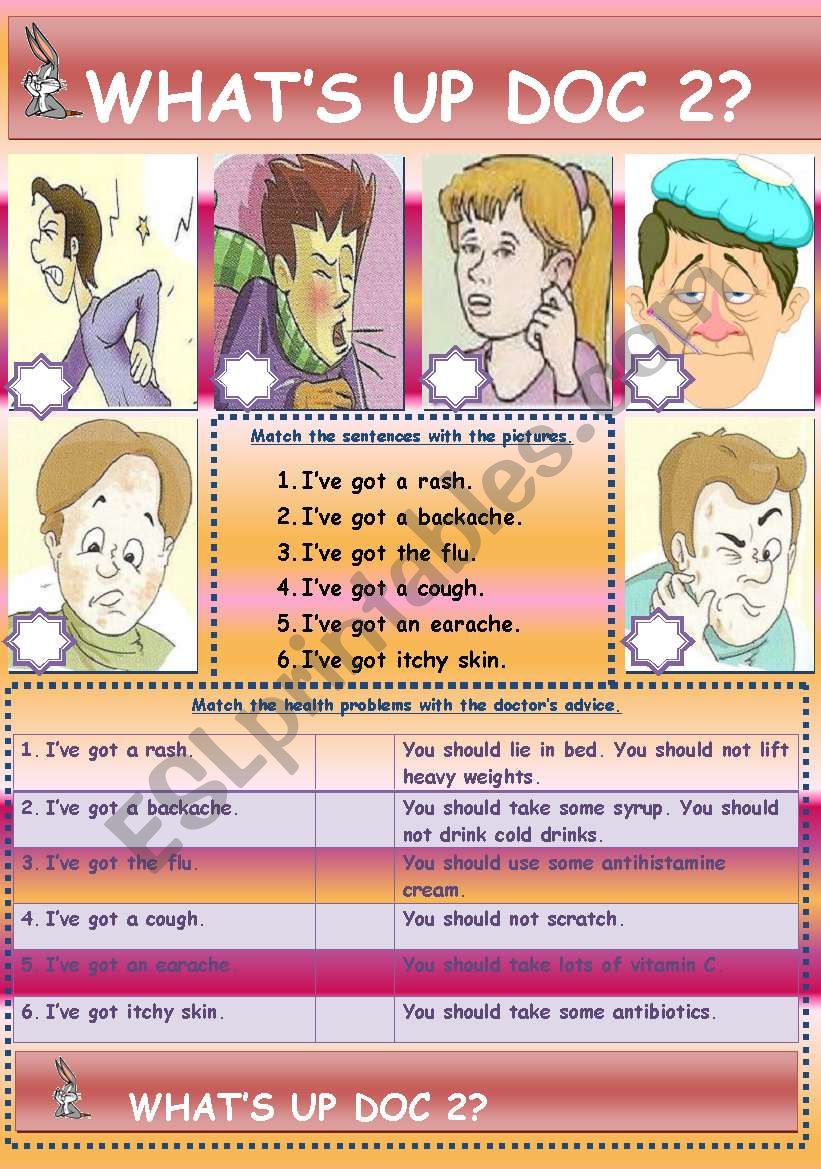 MEDICAL: WHATÂ´S UP DOC? PART 2 (HEALTH PROBLEMS) - ESL worksheet by knds