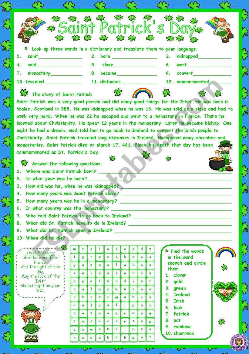 SAINT PATRICK´S DAY - STORY - ESL worksheet by blizzard1