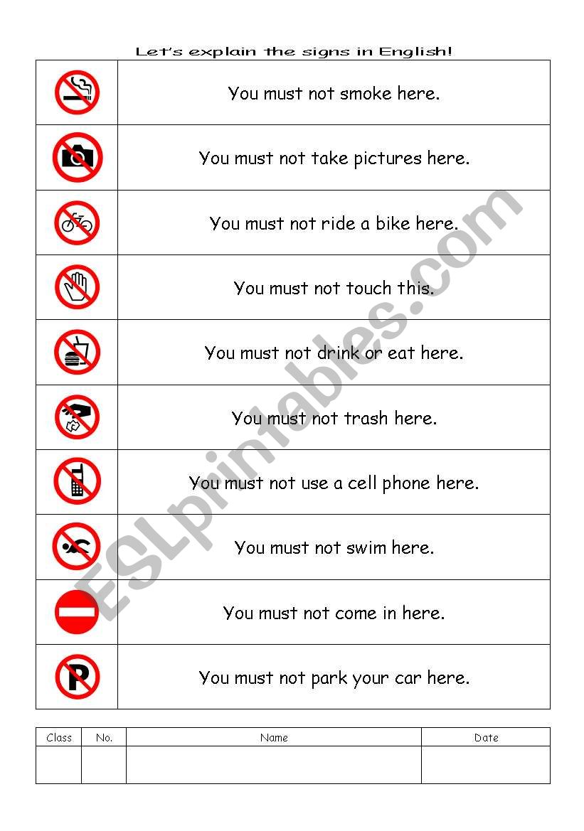 Can and Mustn´t - Signs in English - - ESL worksheet by natsumeg