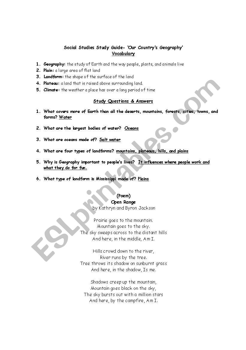 English worksheets: Our Country´s Geography