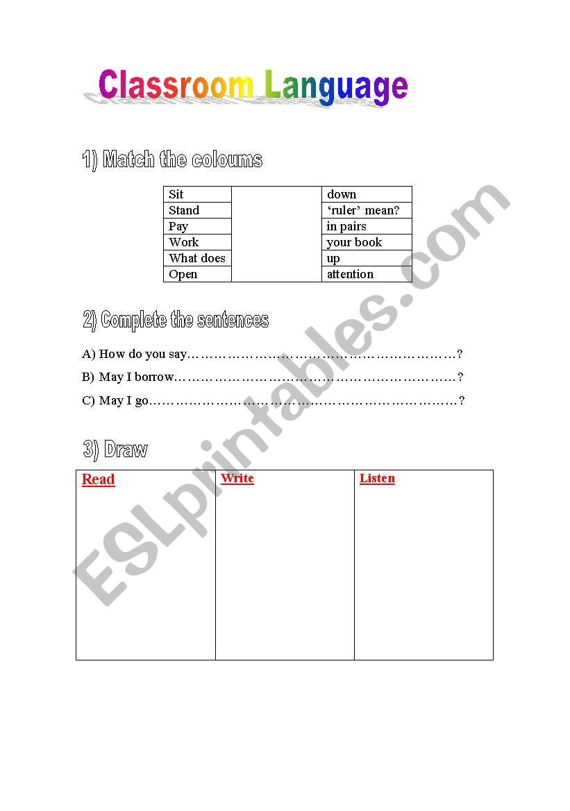 English Worksheets Classroom Language