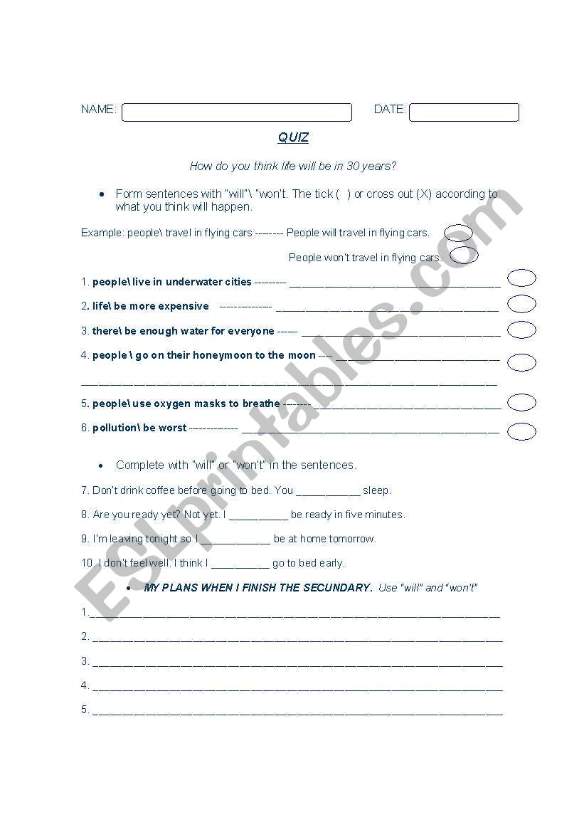 English worksheets: will and won´t
