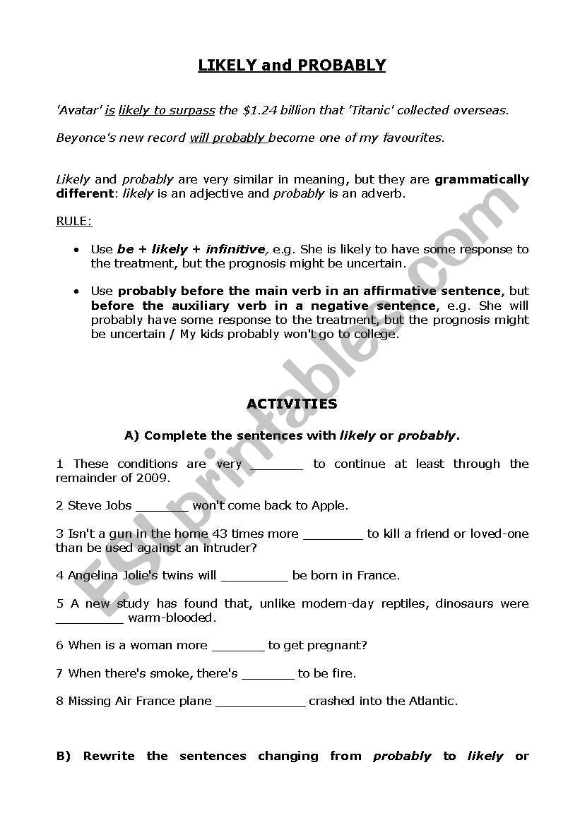 likely and probably: what´s the difference? - ESL worksheet by mireiaeb