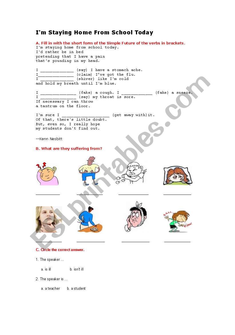 I´m staying home from school today - ESL worksheet by vassia