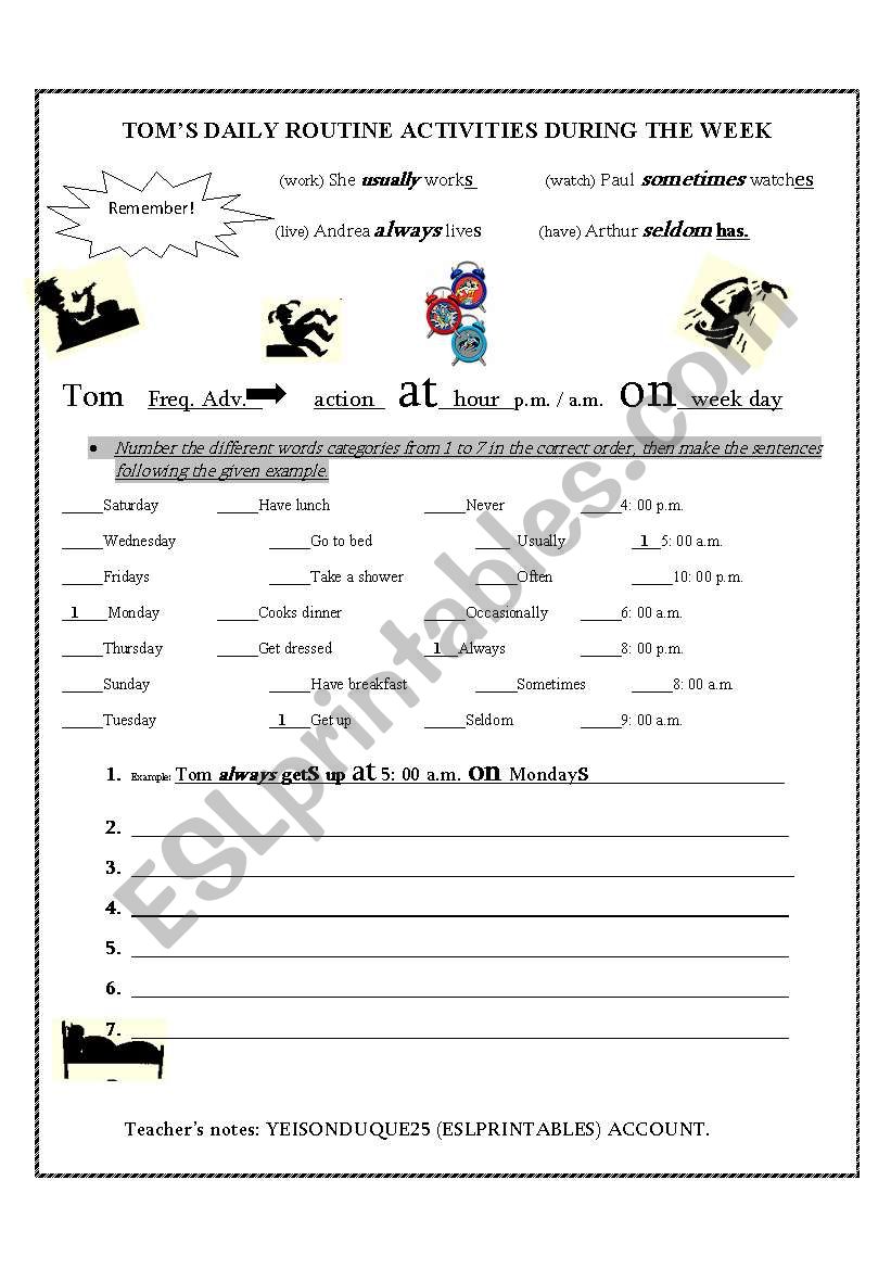 TOM’S DAILY ROUTINE ACTIVITIES DURING THE WEEK - ESL worksheet by ...